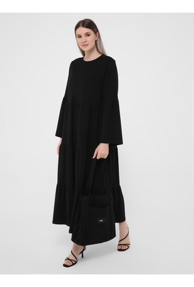 Büyük Beden Rahat Parçalı Örme Elbise - Siyah - Alia