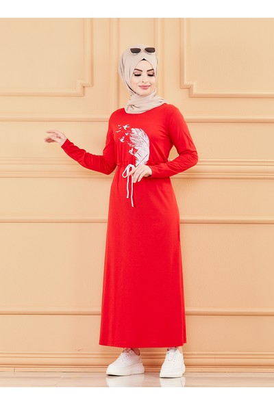 Belden Bağcıklı Desenli Elbise - Kırmızı - Tofisa