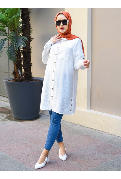 Yandan Üç Düğmeli Çift Cepli Gömlek Tunik - Beyaz - Por La Cara