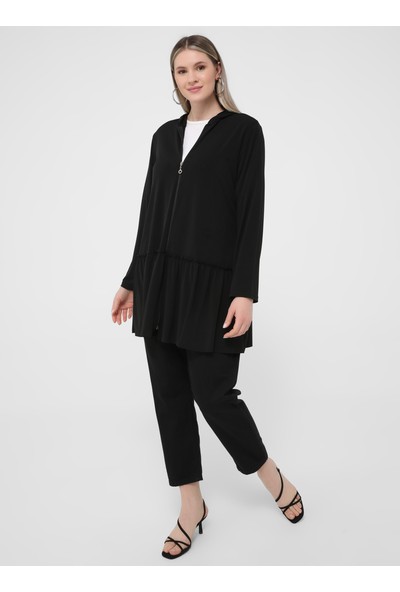 Büyük Beden Fırfırlı Rahat Örme Kap Pardesü - Siyah - Alia
