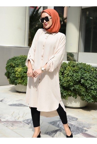 Aerobin Boydan Düğmeli Salaş Tunik - Taş - Por La Cara