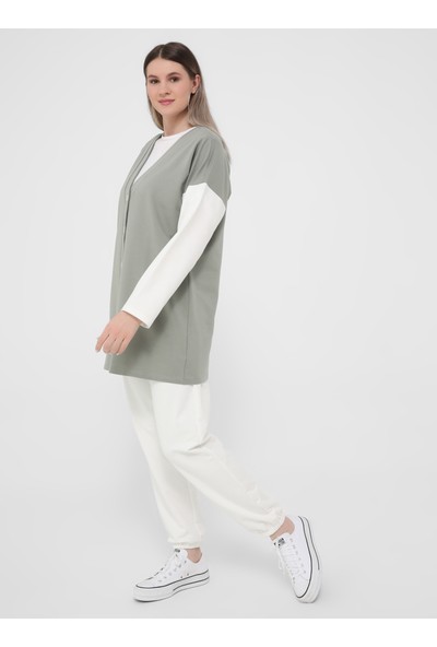 Büyük Beden Pamuklu Hırka - Yağ Yeşili Ekru - Alia