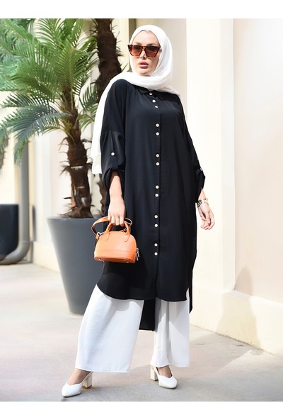 Aerobin Boydan Düğmeli Salaş Tunik - Siyah - Por La Cara