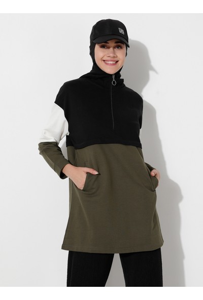 Kapüşonlu Eşofman Üstü - Siyah Haki Ekru - Saye Modest Kapüşonlu Eşofman Üstü - Siyah Haki Ekru - Saye Modest