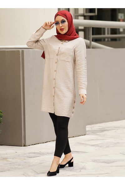 Yandan Üç Düğmeli Çift Cepli Gömlek Tunik - Taş - Por La Cara
