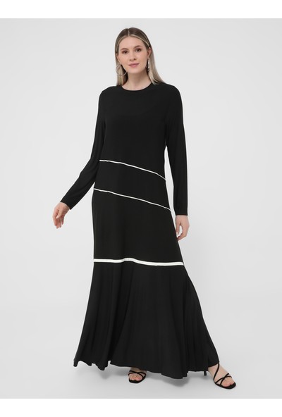 Büyük Beden Biye Detaylı Elbise - Siyah Ekru - Alia