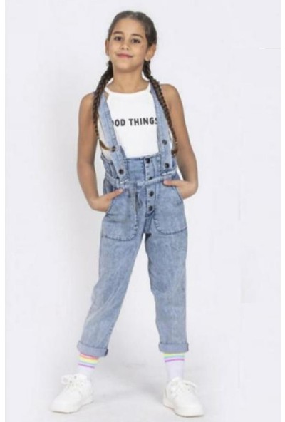 Riccotarz Kız Çocuk Arkası Çapraz Mavi Kot Tulum