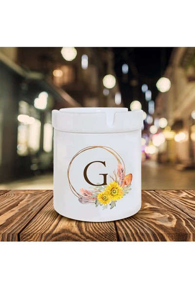 Kumbara Hediyelik Çiçek Desenli G Harfi Baskılı Seramik Küllük