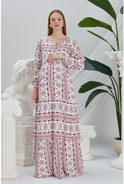 Görsin Hamile Gör&sin Desenli Yaka Detaylı Bordo Hamile Elbise