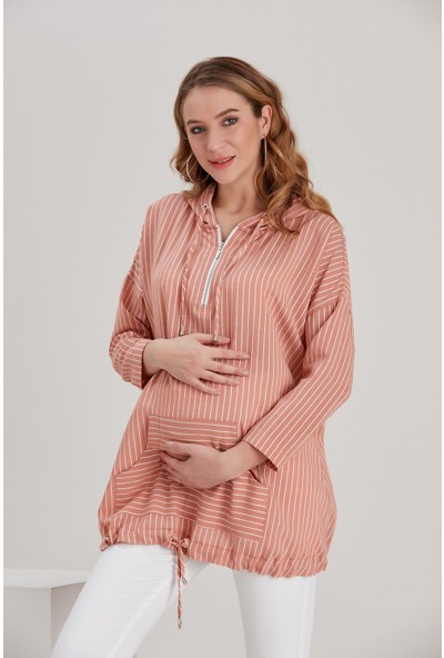 Görsin Hamile Gör&sin Kapşonlu Çizgili Somon Hamile Tunik