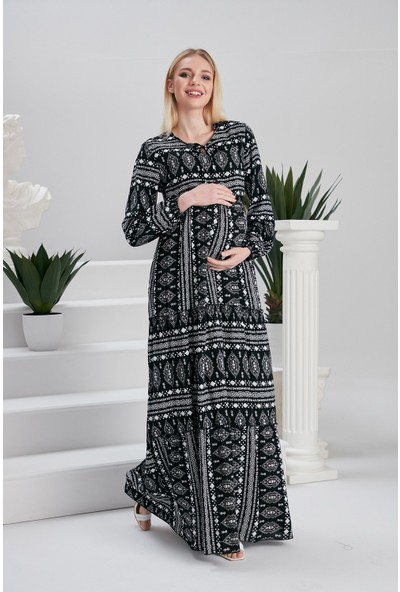 Görsin Hamile Gör&sin Desenli Yaka Detaylı Siyah Hamile Elbise