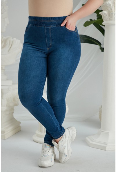 Rmg Yanları Fermuarlı Beli Lastikli Büyük Beden Mavi Kot Pantolon