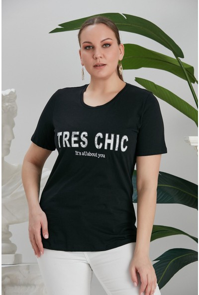 Rmg Tres Chıc Baskılı Siyah Büyük Beden Tişört Rmg Tres Chıc Baskılı Siyah Büyük Beden Tişört