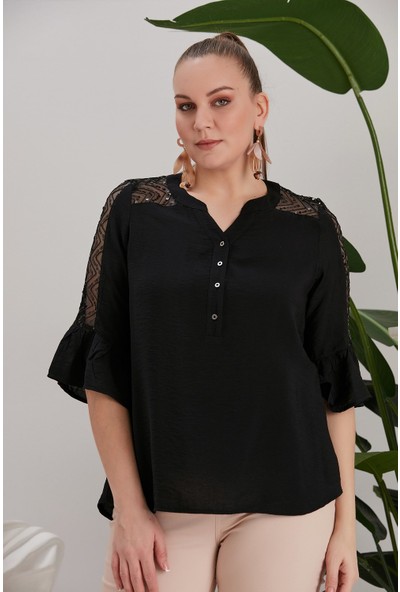 Rmg Omuzları ve Kolları Pul Payet Detaylı Büyük Beden Siyah Bluz
