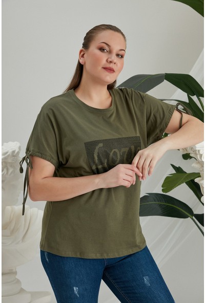 Rmg Love Taşlı Kol Detaylı Büyük Beden Haki Tişört