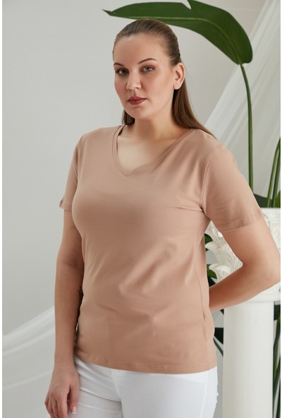 Rmg V Yaka Büyük Beden Vizon Tişört