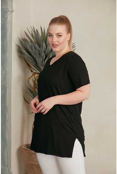 Rmg Yırtmaçlı V Yaka Uzun Büyük Beden Siyah Tişört