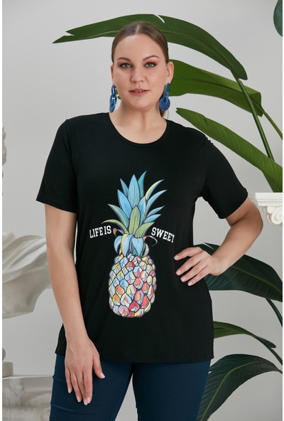 Rmg Ananas Baskılı Siyah Büyük Beden Tişört