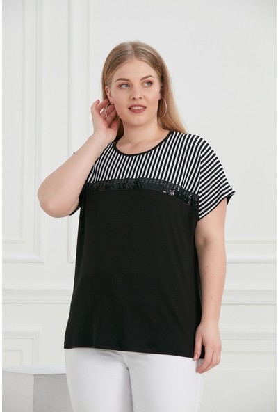 Rmg Çizgili Pul Payet Detaylı Büyük Beden Siyah Tişört