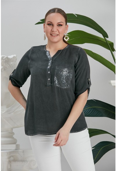 Rmg Cep ve Yaka Pul Payet Detaylı Füme Büyük Beden Bluz