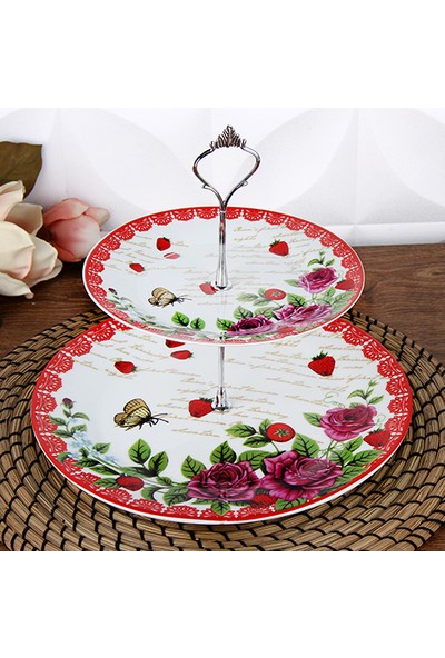 Evvehediyelikeşya Porselen Güllü Kırmızı Iki Katlı Çikolatalık Kurabiyelik Şekerlik