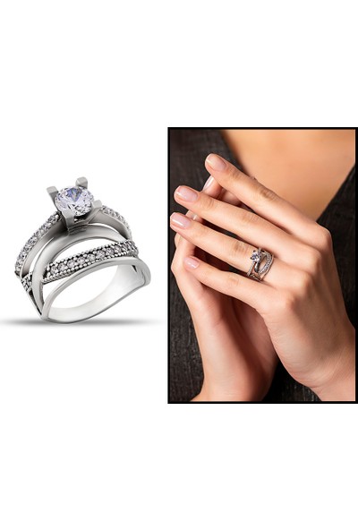 Gümüş Hediye Al 925 Ayar Gümüş Yarım Tur Geniş Aralıklı Tektaş Yüzük