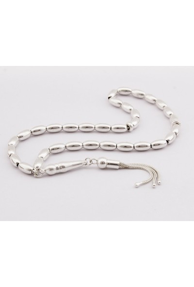 Tesbihane Üç Püsküllü Arpa Kesim 925 Ayar Gümüş Tesbih (M-1)