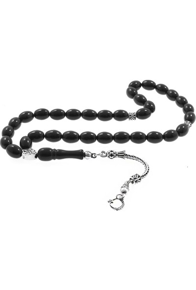 Tesbihane 925 Ayar Gümüş Püsküllü Arpa Kesim Rus Oltu Tesbih