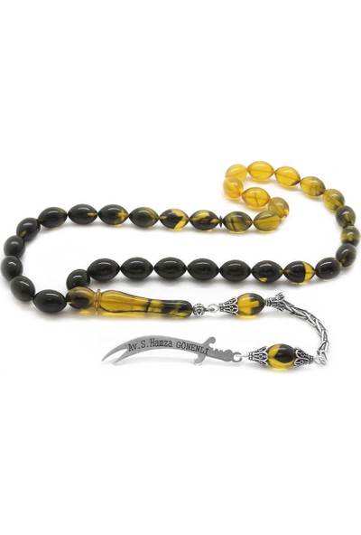 Tesbihane 925 Ayar Gümüş Zülfikar Püskül Kişiye Özel İsim Yazılı Sarı Ateş Kehribar Tesbih