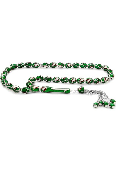 Tesbihane Lale Tasarım Yeşil Mineli Arpa Kesim 925 Ayar Gümüş Tesbih Tesbihane Lale Tasarım Yeşil Mineli Arpa Kesim 925 Ayar Gümüş Tesbih