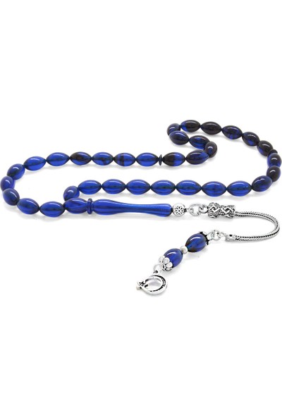 Tesbihane 925 Ayar Gümüş Püsküllü Bilek Boy Süzme Mavi Sıkma Kehribar Tesbih