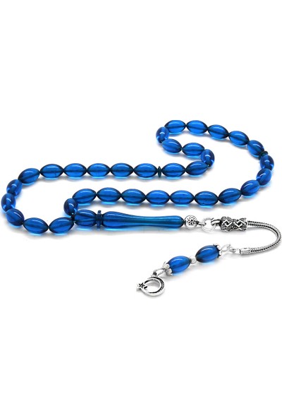 Tesbihane 925 Ayar Gümüş Püsküllü Bilek Boy Lacivert Sıkma Kehribar Tesbih Tesbihane 925 Ayar Gümüş Püsküllü Bilek Boy Lacivert Sıkma Kehribar Tesbih