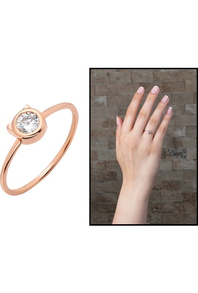 Gümüş Hediye Al Kurdela Tasarım Roz Renk 925 Ayar Gümüş Kadın Tektaş Yüzük