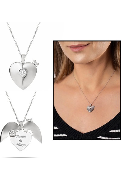 Tesbihane 103000815 Zirkon Taşlı Kişiye Özel İsim Yazılı 925 Ayar Gümüş Kalp Kolye