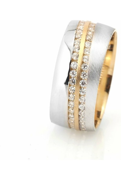 Tesbihane Çift Şerit Su Yolu Tasarım Zirkon Taşlı 925 Ayar Gümüş Kadın Alyans