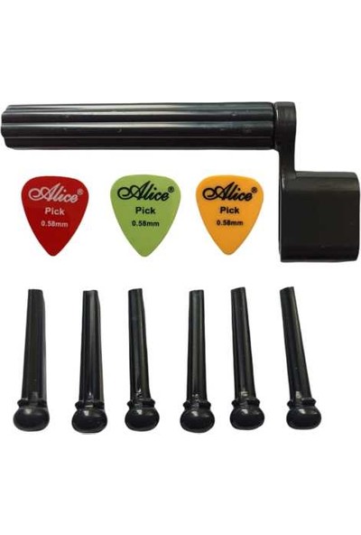Alice Akustik Gitar Köprü Pimi 6'lı Endin + 3 Alice Pena + Burgu Sargı Aleti