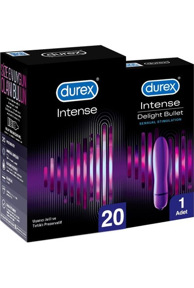 Durex Intense 20'li Uyarıcı Jelli ve Tırtıklı Prezervatif + Durex Intense Delight Bullet Titreşimli Vibratör Durex Intense 20'li Uyarıcı Jelli ve Tırtıklı Prezervatif + Durex Intense Delight Bullet Titreşimli Vibratör