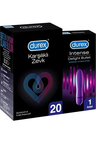 Durex Karşılıklı Zevk 20'li Geciktiricili ve Tırtıklı Prezervatif + Durex Intense Delight Bullet Titreşimli Vibratör Durex Karşılıklı Zevk 20'li Geciktiricili ve Tırtıklı Prezervatif + Durex Intense Delight Bullet Titreşimli Vibratör