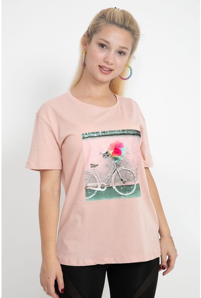 VprModa Önü Bisiklet Baskı Taş Detaylı Kadın Tişört