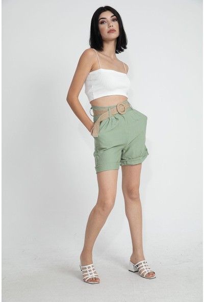VprModa Kristal Keten Hasır Kemerli Kadın Şort