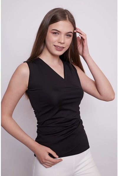 Jument Kadın Anvelop Kruvaze Önü Büzgülü Kolsuz Bluz -Siyah