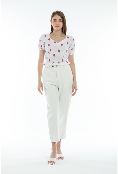 Oronero Beli Lastikli Mom Jean Denim Pantolon