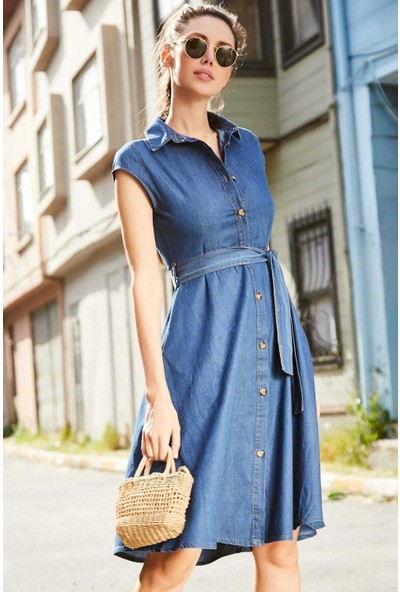 Beyaz Giyim Kadın Mavi Kısa Kol Önden Düğmeli Kot Elbise