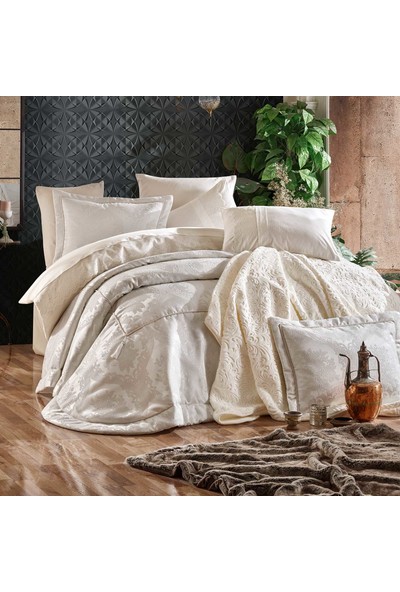 Elart Çeyiz Paketi 10 Parça (Yatak Örtüsü+Nevresim Takımı+Battaniye) Bronze Krem