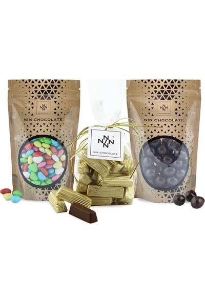 Nin Chocolate 3'lü Bayram Paketi Baton Çikolata 500 gr Fındık Draje 100 gr Bonibon Draje 100 gr