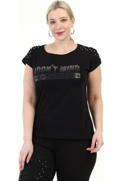 Haimoda Kadın Büyük Beden Taşlı T-Shirt Siyah