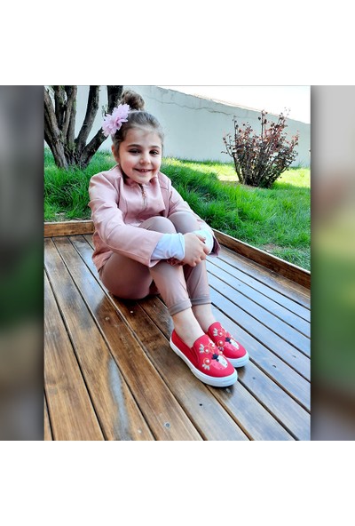 Sonex Kız Çocuk Incili Kırmızı Günlük Keten Babet Ayakkabı