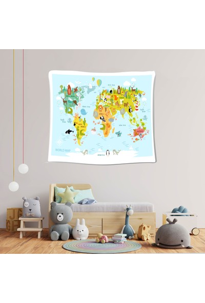 Şen Dekorasyon Hayvanlı Dünya Haritası Çocuk Duvar Örtüsü