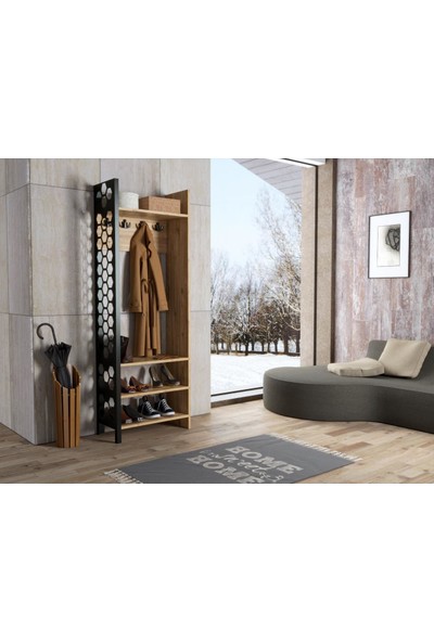 Wood'n Love Rosa Metal Ayaklı Raflı Portmanto - Atlantik Çam / Siyah