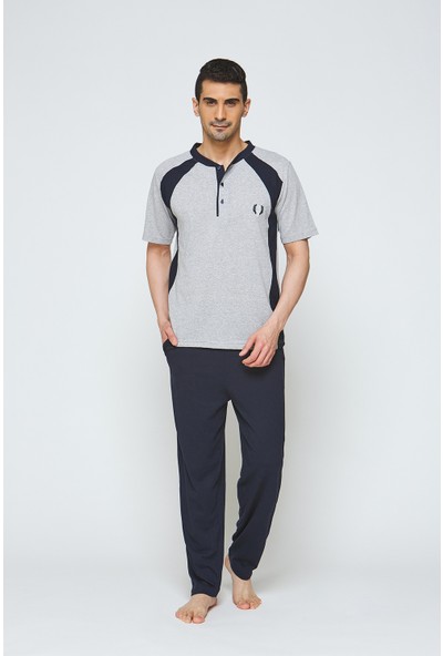 Estiva Erkek Sade Kısa Kol Penye Pijama Takımı - Gri / Lacivert